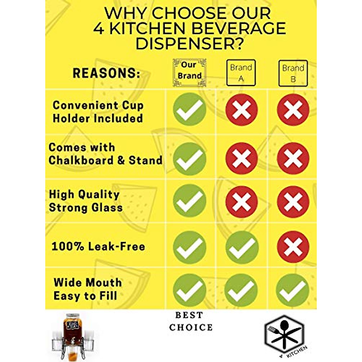 1 Gallon Glass Drink Dispenser | 100% Leakproof Stainless Steel Spigot | Sturdy Metal Stand, Chalkboard, Cup Holder | Great for Outdoor Parties | Perfect for Cold Drinks & Laundry Detergent