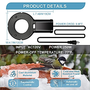 Tiflev 250W Utility De-Icer Submergible Cast Aluminum Chicken Water Heater for Livestock Tank Heater Winter Bird Bath Heater with 9.8FT Power Cord