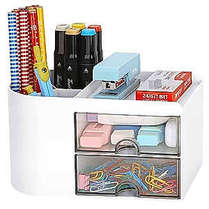 LETURE Desk Organizer Office Supplies Caddy with Pencil Holder and Drawer for Desktop Accessories, Business Card/Pen/Pencil/Mobile Phone/Stationery Holder Storage Box (White)