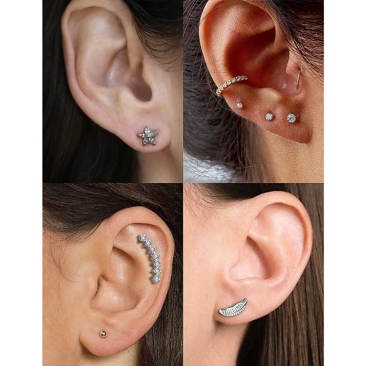 Vsnnsns 16G Cartilage Earrings Tragus Earrings for Women Silver Stainless Steel Forward Helix Earrings Stud Lip Rings Labret Monroe Medusa Barbells Studs Body Piercing Jewelry for Women Men