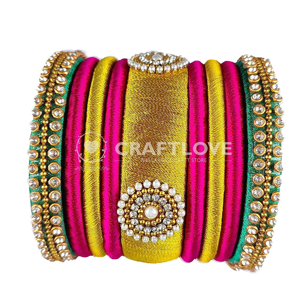 GOELX Festive Offer: Rani Pink Green and Gold Silk Thread Handcrafted Bangle Bracelet for Women - 2.4