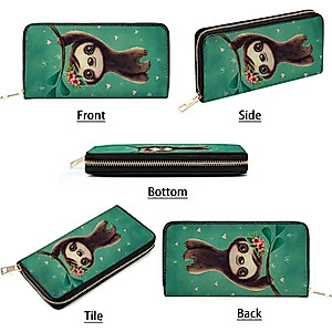 Sloth Printed Women's Long Wallet Zip Around PU Leather Phone Clutch Travel Card Holder Cute Animal Purse