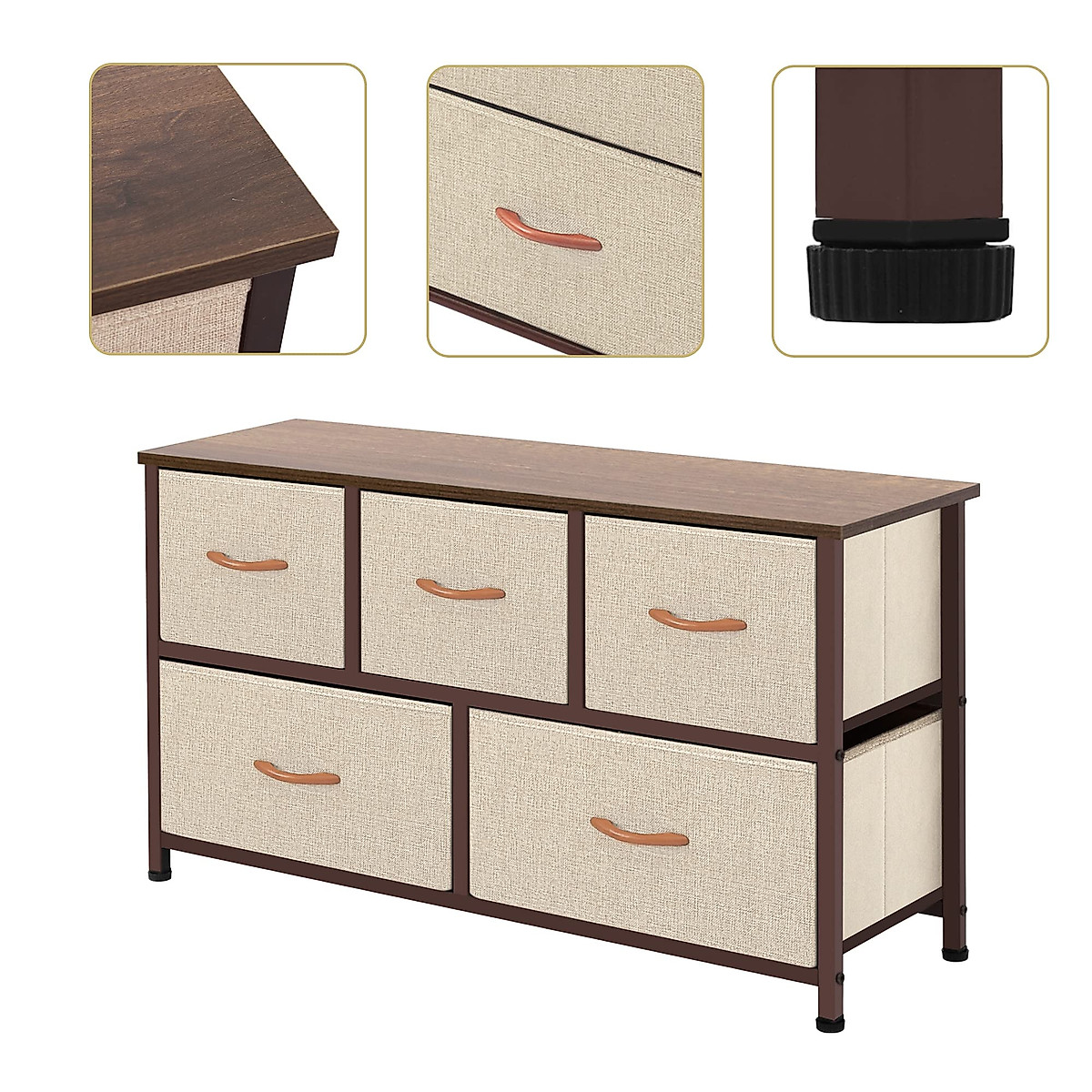 AZL1 Life Concept Extra Wide Dresser Storage Tower with Sturdy Steel Frame, 5 Drawers of Easy-Pull Fabric Bins, Organizer Unit for Bedroom, Hallway, Entryway, Dark Grey