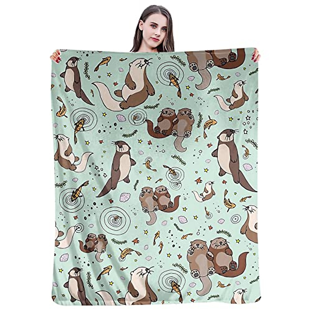 Sea Otter Novelty Throw Blanket Flannel Fleece Green Blanket for Bed Couch Chair Travel Camping Super Soft Warm Lightweight Comfort Cute Otter Gifts for Girls Boys Adults 60"x50"