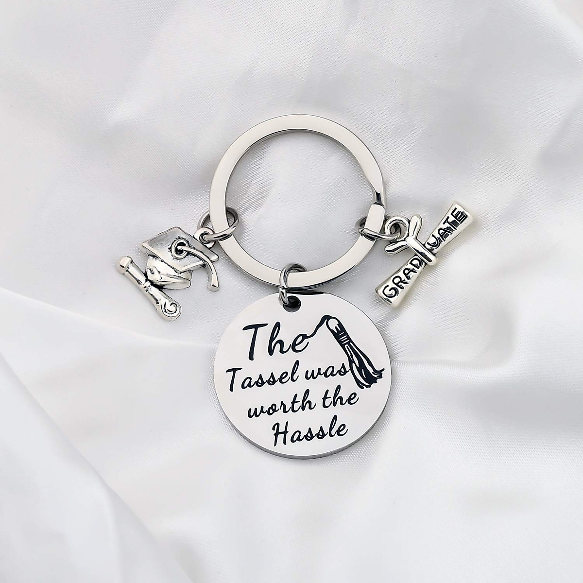 FUSTMW Graduation Gift Keychain The Tassel Was Worth the Hassle Graduation Jewelry College Graduation Gift with Grad Cap Charm (silver)