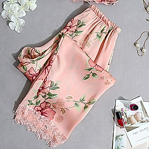 Youmymine Women's Print Nightgown Satin Silk Pajamas Lace Bathrobe Robes Underwear Sleepwear (M, Pink)