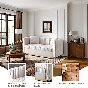 PUG258Y Loveseat Modern Sofa Couch: 61.4 Inchs Mid-Century Sofa with Extra Deep Seats, 2 Seater Sofa Couch for Living Room Apartment Lounge and Office, Dual Pillows, Velvet - Medium Beige