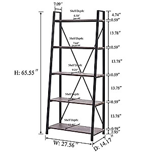 BON AUGURE Rustic 5 Tier Leaning Bookshelf with Liquor Cabinet Bar for Home (Dark Gray Oak)