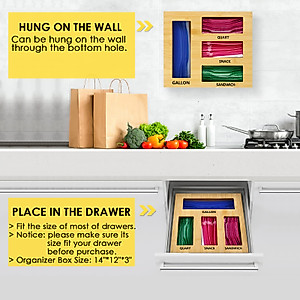 Bag Storage Organizer with Stickers for Kitchen Drawer, Bamboo Made Food Storage Wrapped Baggie Organizer Holders Dispenser, Compatible with Gallon Quart (Slider Quart) Sandwich and Snack Size Bags