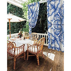 Outdoor Curtains for Patio,Retro Bohemian Tile Pattern Grommet Outside Curtains Windproof Privacy Panels with Tieback,Ethnic Blue Damask Weighted Window Treatment Indoor/Outdoor Drapes 54x84in