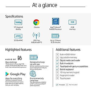 HP Chromebook 14-inch FHD Laptop, Intel Celeron N4000, 4 GB RAM, 32 GB eMMC, Chrome (14a-na0050nr, Mineral Silver) (Renewed)