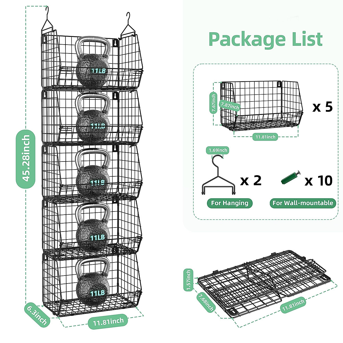 Aquzee Hanging Baskets for Organizing, 5 Tier Wall Basket Storage for Kitchen, Wire Closet Organizer Shelves for Small Space, Multifunctional Wall Mounted Baskets for Laundry Room, Pantry, Fruit