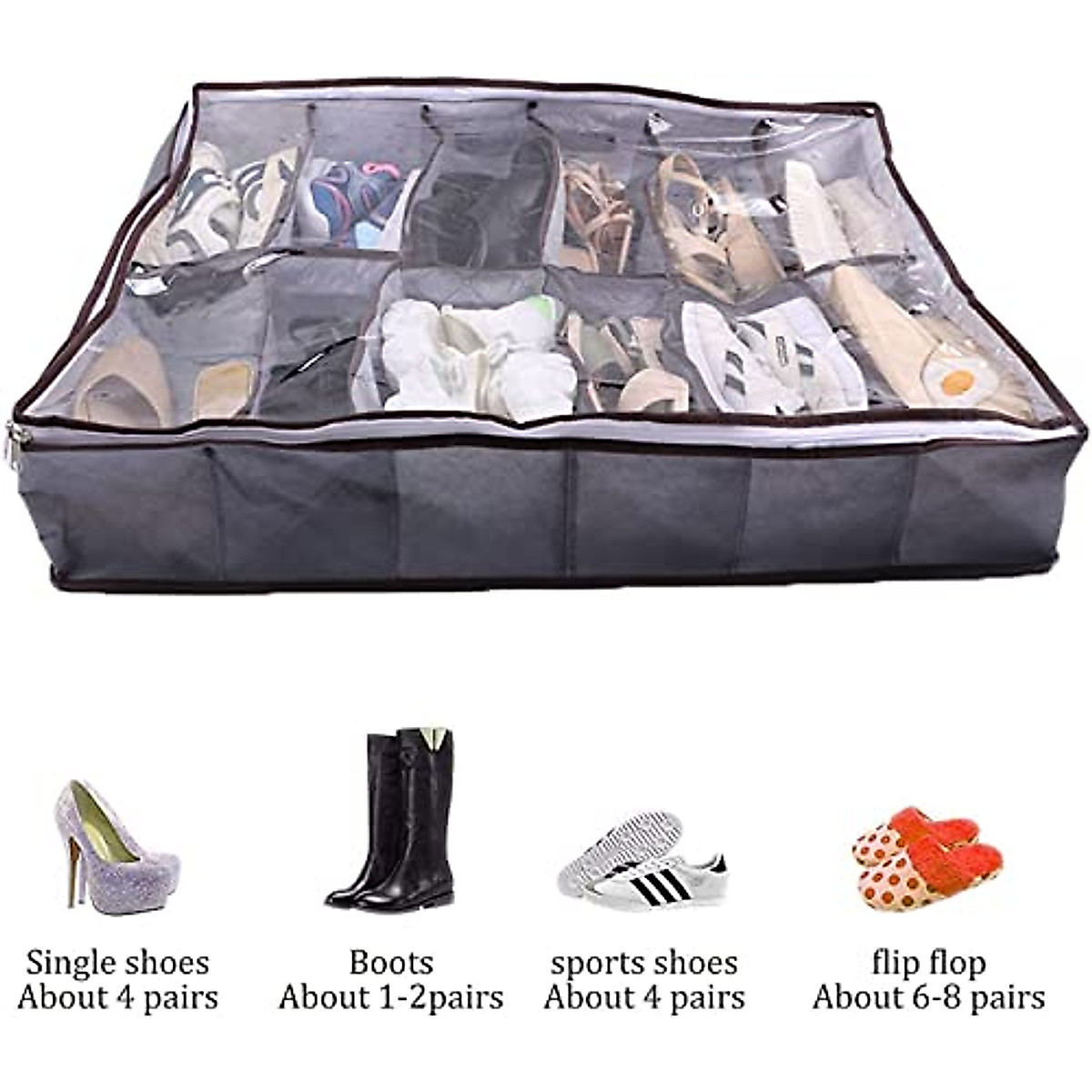 A set of 2, with lid, strong box strap/strong zipper and handle, bed bottom storage bag storage bag, transparent folding bed under shoe cabinet storage solution, a total of 24 pairs of shoes can be stored