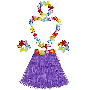 Fortuning's JDS Girl's elastic Hawaiian hula dancer grass skirt with flower costume set -purple Birthday Tropical Party Decorations