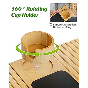 BS-VOG Couch Cup Holder, Bamboo Couch Arm Tray with 360° Rotating Drink Holder, Foldable Anti-slip Couch Arm Table, Sofa Armrest Tray Clip on Wide Couches for Eating, Snacks, Remote, No Installation