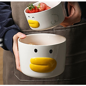 AKVAELFO Funny Anime Duck Large Salad Bowl Safe Ceramic Hand Glazed For Big Soup Bowls, Fruit, Ramen 40oz Porcelain Noodle Mixing Bowl 5.8" Cute Bowls,Ideal Housewarming Gift.