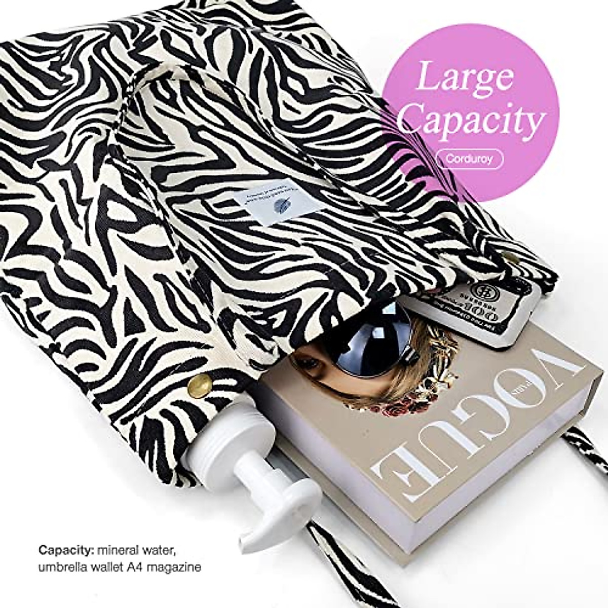 LHMTQVK Tote, Corduroy Bag Women's Shoulder Purses for Office School Shopping Travel, Zebra