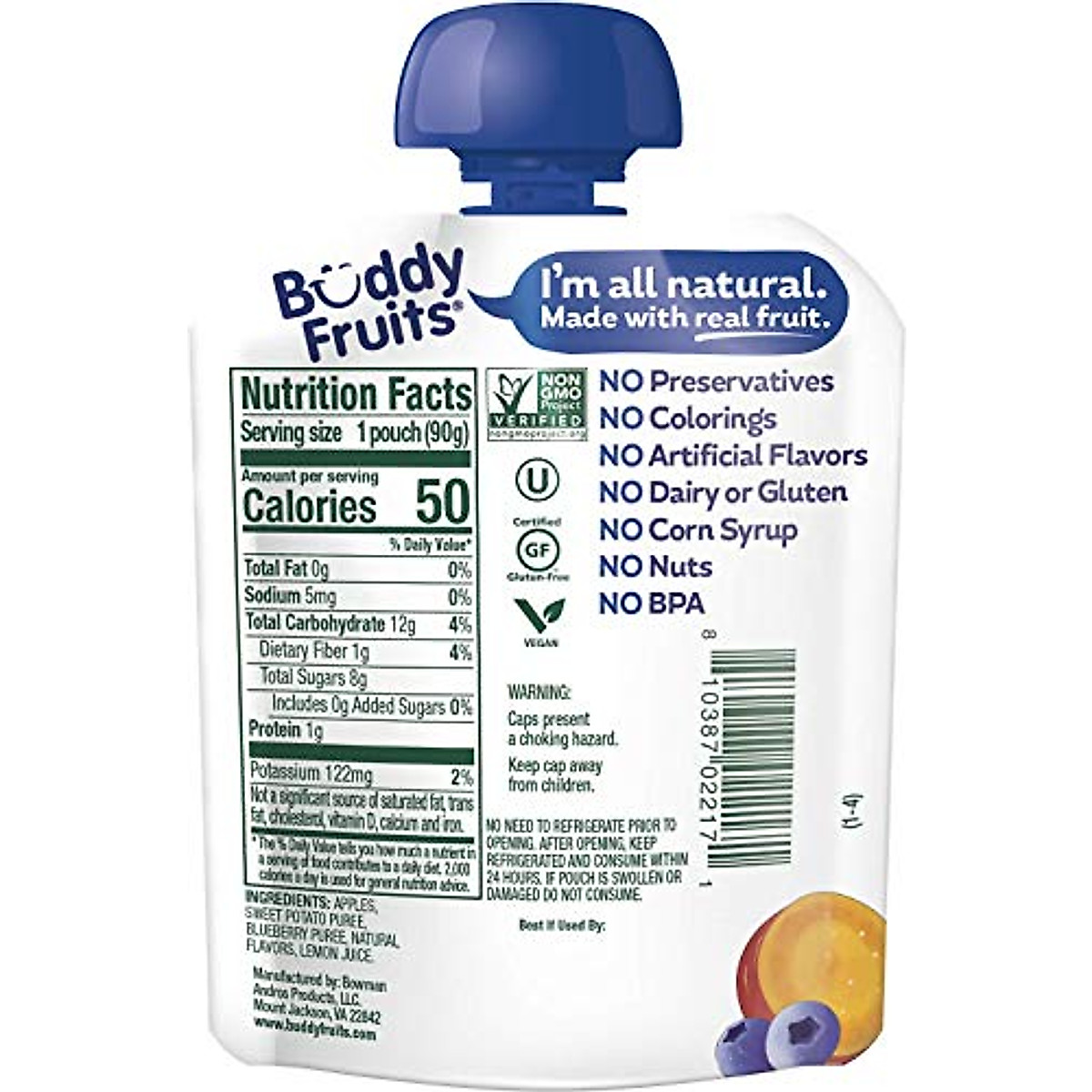 Buddy Fruits & Veggies Snacks To Go Blueberry Sweet Potato Unsweetened Applesauce 3.2oz (18pk) Gluten-Nut-Dairy-Preservative-BPA Free, Non GMO, Kosher