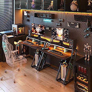 MOTPK Full-Sized Monitor Shelf Gaming Desk with LED Lights 39 Inch, Gaming Table with Storage Shelf, Ergonomic Gamer Desk with Carbon Fiber Texture, Computer Desk with Stable Frame, Black, Gift Idea