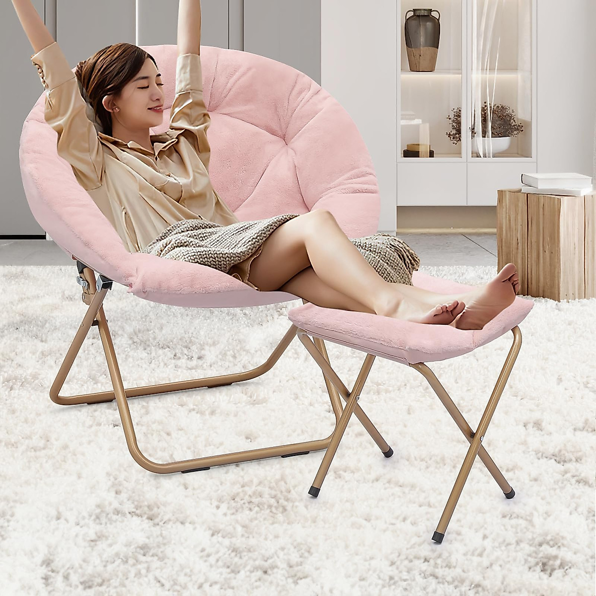 MoNiBloom Round Folding Faux Fur Saucer Chair for Bedroom Living Room Dorm Foldable Metal Frame Oversized Large Comfy Furry Padded Soft Cozy Moon Chair with Footrest Ottoman for Adults (Pink)