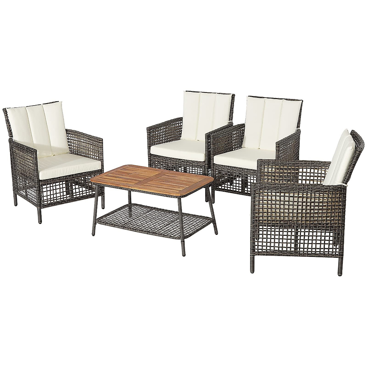 Tangkula 5 Piece Patio Furniture Set, Patiojoy Outdoor PE Wicker Sectional Sofa Set with 2-Tier Coffee Table, Acacia Wood Tabletop, Storage Shelf, Patio Conversation Set with Cushions (1, Off White)