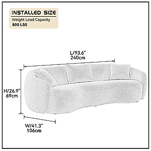 WILLIAMSPACE 94" Modern Curved Sofa, Back Upholstered Boucle Couch with 3 Throw Pillows, 3-Seat Boucle Fabric Couch for Living Room, Office, Apartment, Beige