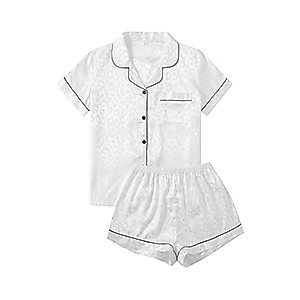 Verdusa Women's 2pc Satin Nightwear Button Front Sleepwear Short Sleeve Pajamas Set Leopard White XL