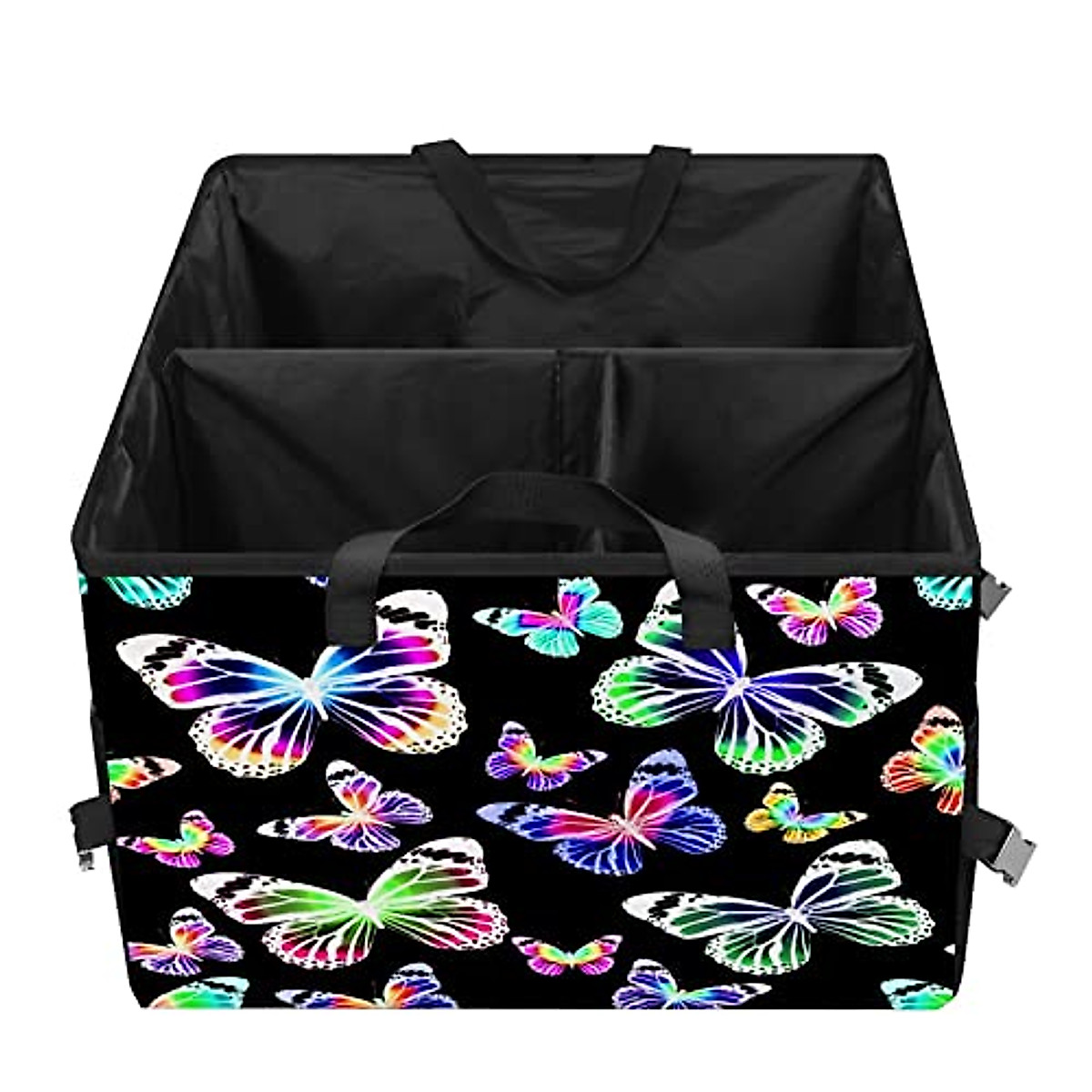 BOLIMAO Car Trunk Organizer Butterflies Black Background Back Seat Large Organizer Cargo Storage with Dividers Collapsible Trunk Cargo Organizer Tote Bag for Groceries SUV Sedan Camper Camping