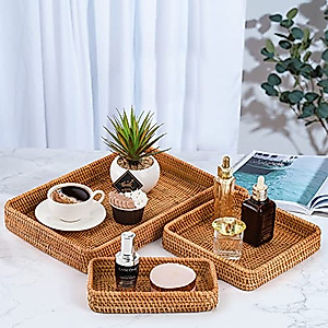 Hacaroa 3 Pack Rectangular Rattan Serving Tray, Hand Woven Wicker Basket Decorative Nesting Tray, Natural Weaving Storage Basket Tray Organizing Platter for Bread, Fruit, Drinks, Snack, 3 Sizes