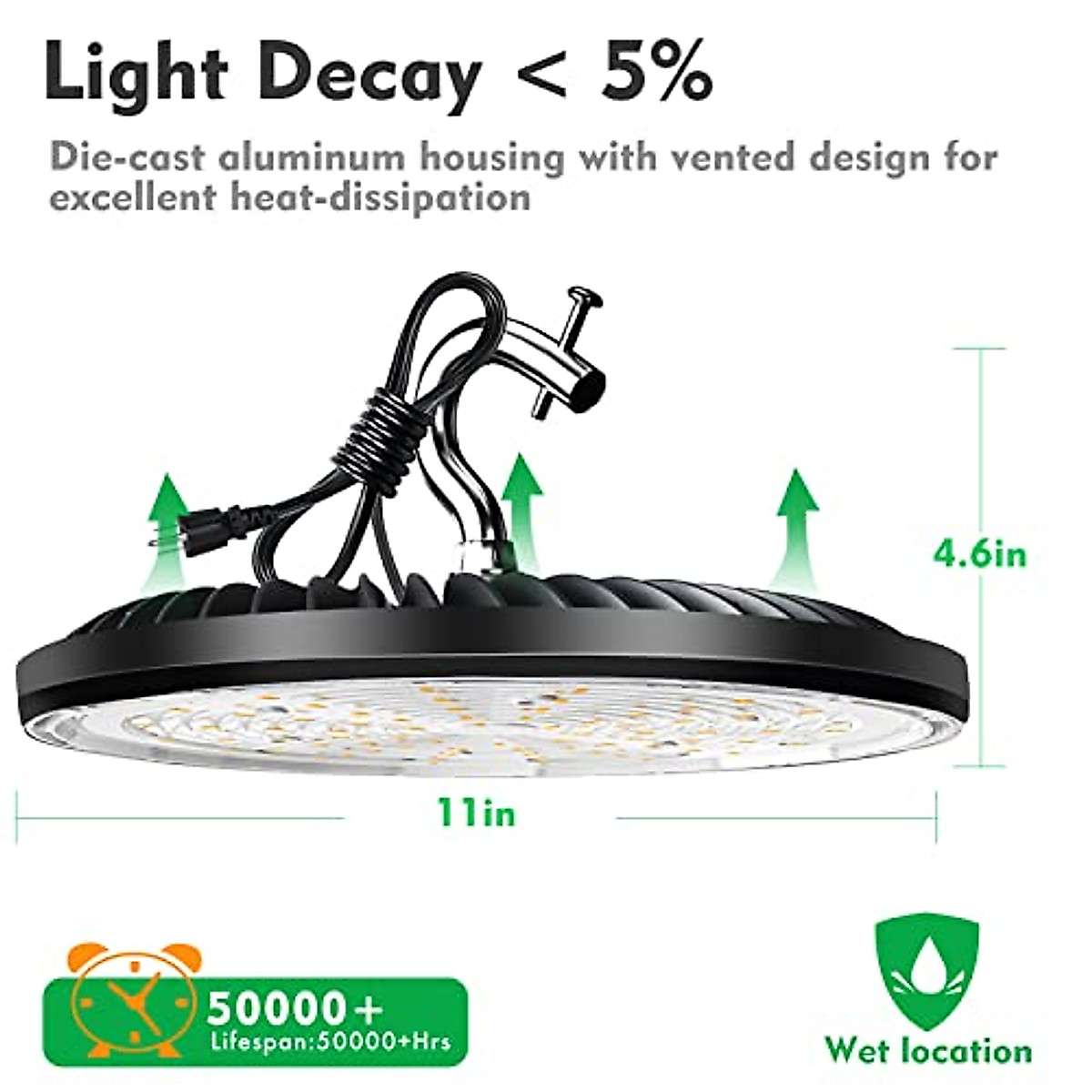 bulbeats LED High Bay Light 150W, 21000Lm (Eqv.600W MH/HPS) UFO high Bay LED Light, 5000K Daylight ETL Listed Bay Lighting with US Plug Energy Saving Upto 1100KW*4/Y(5Hrs/Day) -4Pack