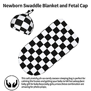 Checkered Black And White Baby Stuff New Born Swaddle Baby Blanket Sleep Sack Soft Stretchy Transition Baby Swaddle Wrap Receiving Blankets With Beanie Hat Sets Gifts For 0-6 Month Boy Girl And Infant