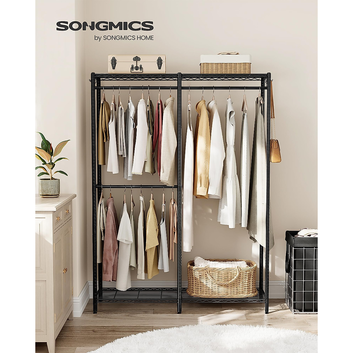 SONGMICS Clothes Rack, Freestanding Wardrobe Closet, Metal Clothing Racks, Heavy-Duty Garment Rack with Adjustable Shelves, Hanging Rods, Dividable, 15.8 x 47.2 x 70.9 Inches, Ink Black ULGR423B01