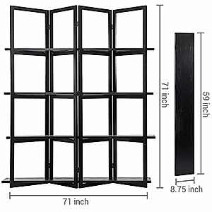 MyGift 4-Panel Open Bookcase Black Wood Room Divider with 4 Shelves