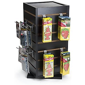 Displays2go Slatwall Display Case with Rotating Base, 28 Display Channels, Counter Mount, Melamine - Black (CTSLWSQ12)