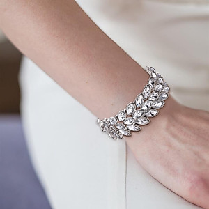 EVER FAITH Art Deco Wrist Jewelry for Prom 3 Marquise Crystal Leaf Elastic Stretch Bracelet Clear Rhodium-Tone