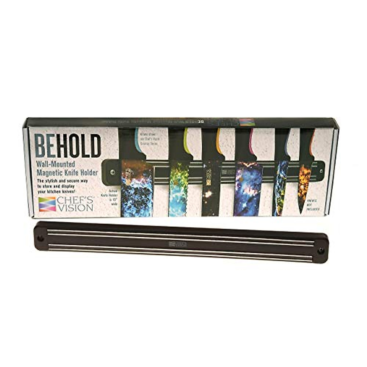 Black Wall-Mounted Magnetic Kitchen Knife Holder - BEHOLD by Chef's Vision - Magnetic Strip for Kitchen Knives - Stylish Kitchen Knife Bar Display - Ideal For Color Knives