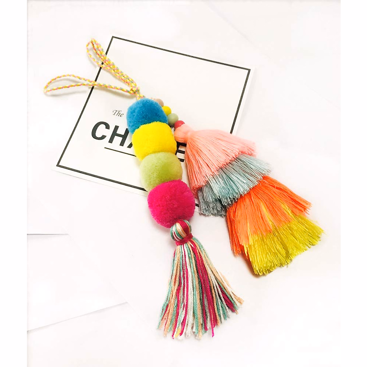 QTMY Cute Pom Pom Tassel Boho Purse Charms for Handbags Bag Pendant Keyring Keychain for Women Purse Decor