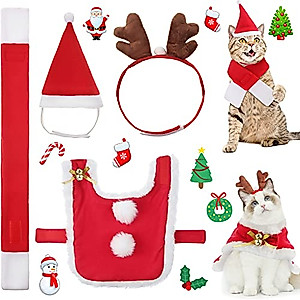Syhood 4 Pieces Cat Christmas Costume Outfit Adjustable Cat Apparel Costume Cat Santa Christmas Hat and Scarf Cat Reindeer Antler Hat for Christmas Party Cosplay