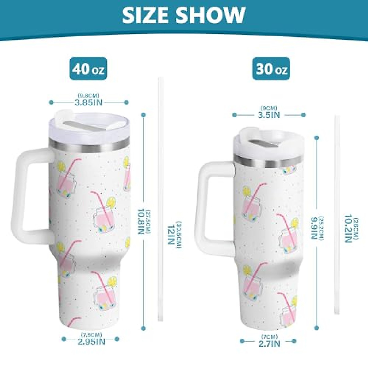 DIGTIA Stainless Steel Insulated Tumbler w/Handle & Straw, Cocktail Lemon Double Wall Vacuum Travel Coffee Mug Cup w/Lid, Leak-Proof Sports Pink Water Bottle,30oz