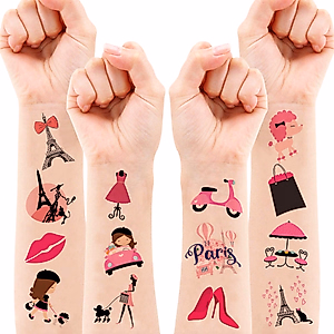 Paris Temporary Tattoos for Kids - Themed Eiffel Tower, Girl Birthday Party Decorations Supplies 96PCS Tattoos Stickers Cute Party Favors Girls Boys Gifts Classroom School Prizes Themed Christmas Pink