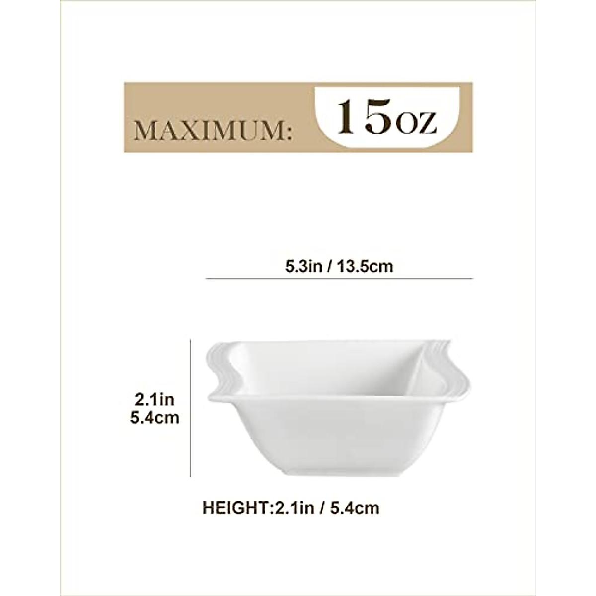 MALACASA Cereal Bowls Set of 6, 15oz Soup Bowls, Porcelain Ice Cream Bowls, White Bowls for Kitchen, Square Serving Bowls for Salads Fruits Pasta Dessert Side Dish, 5.3", Microwave Safe, Series Flora