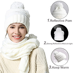 Warm Scarf Glove Hat Beanie Set - Cable Knit Winter Gift Set Pom Cap Touch Screen Glove Long Scarf 3 PCS Set for Women