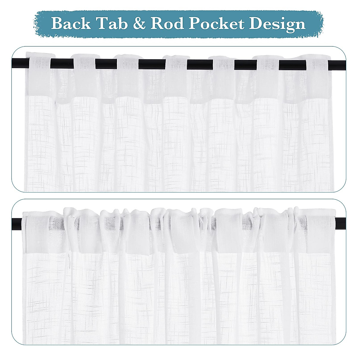 RYB HOME White Sheer Curtains Linen Texture Window Panels, Semi Sheer Light Filetring Rod Pocket & Back Tab Drapes for Bedroom, 52 x 84 inches, Pack of 2