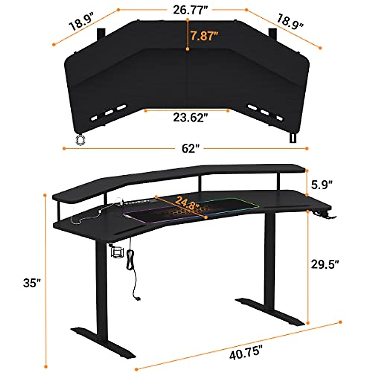 Melodyblue Gaming Desk with LED Lights, 63" Wing-Shaped Computer Desk with RGB Mouse Pad, Power Outlets, Monitor Stand, Headphone Hook, Cup Holder, Ergonomic Studio Desk, Gaming Table, Black
