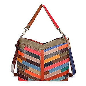 Segater Women Multicolor Shoulder Purse Genuine Leather Tote Handbag Random Stripe Color Patchwork Crossbody Bag Work Shopper Satchel