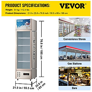 VEVOR Commercial Refrigerator,Display Fridge Upright Beverage Cooler, Glass Door with LED Light for Home, Store, Gym or Office, (11 cu.ft. Single Swing Door)