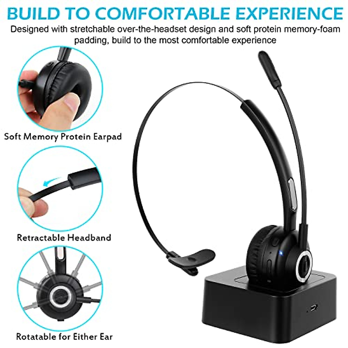 Heroanky Bluetooth Headset, Car Wireless Headset with Microphone Charging Base, Trucker Bluetooth Headset V5.0 Noise Canceling Hands Free Headphone for Home Office Call Center Skype