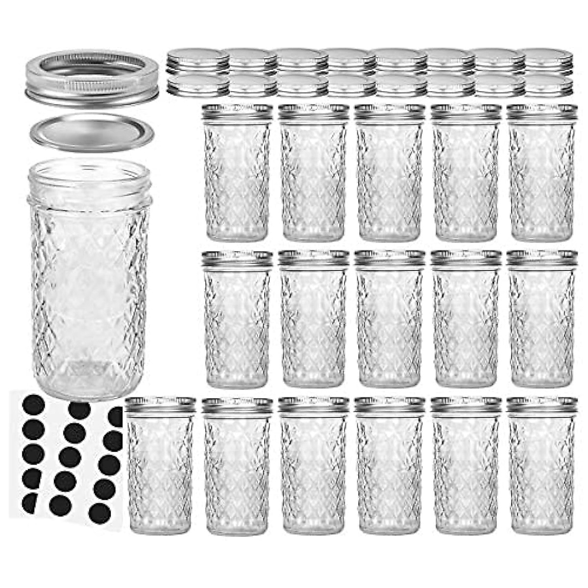 VERONES Mason Jars 12 OZ, Canning Jars Jelly Jars With Regular Lids, Ideal for Jam, Honey, Wedding Favors, Shower Favors, 16 PACK,Extra 16 Lids