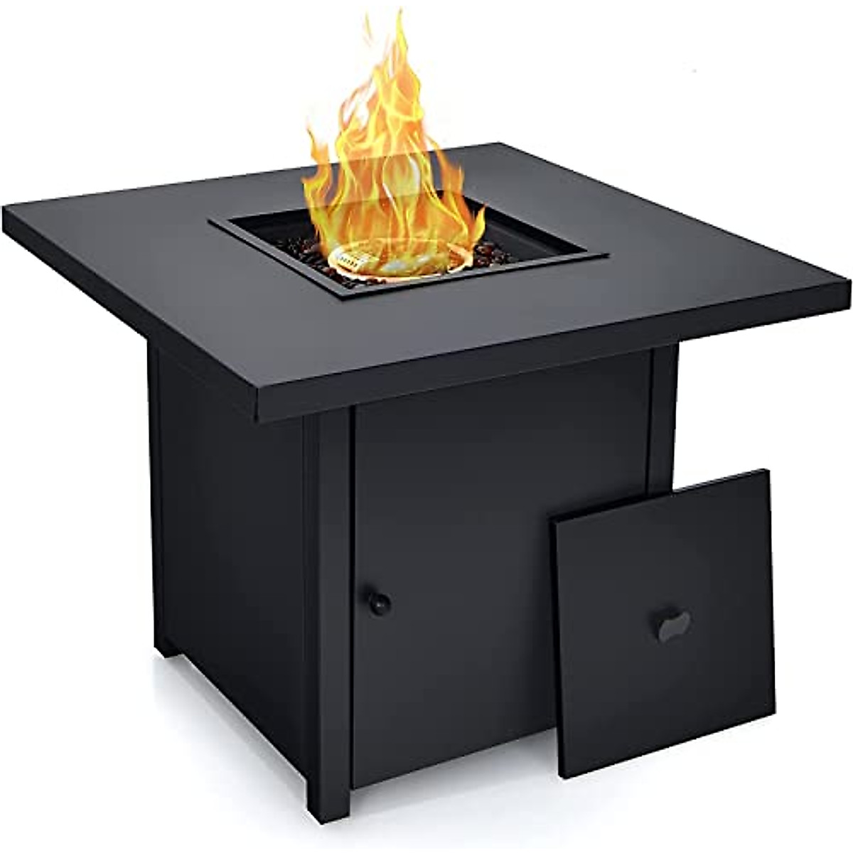 Renatone 25” Outdoor Fire Pit Table, 40,000 BTU Propane Fire Pit Table with Lid, Adjustable Flame, Fire Glass & CSA Certification, 2-in-1 Square Gas Firepit Table, for Patio, Balcony, Garden (Black)