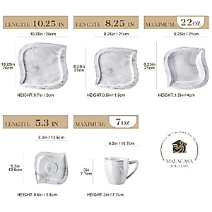 MALACASA Dinnerware Sets for 6, 30 Piece Porcelain Plates and Bowls Sets, Marble Dish Set with Dinner Plate Set, Cup and Saucer, Square Plates Dinnerware Set, Modern Dishes Dinnerware, Series Elvira